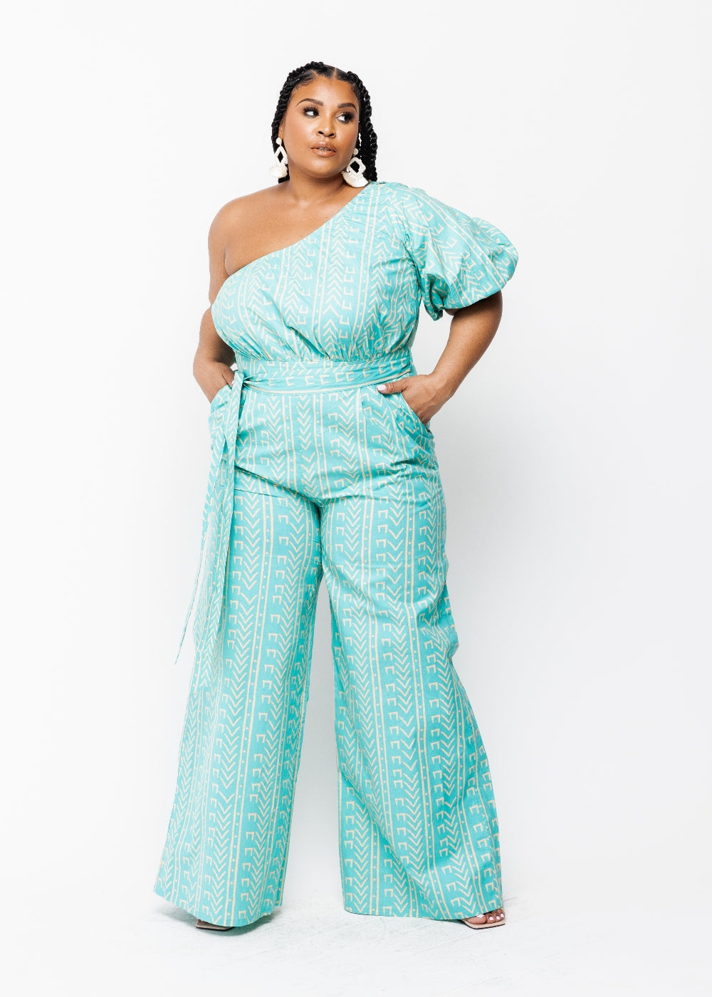 Atunbi Womens African Print One Shoulder Jumpsuit Mint Tan Mudcloth